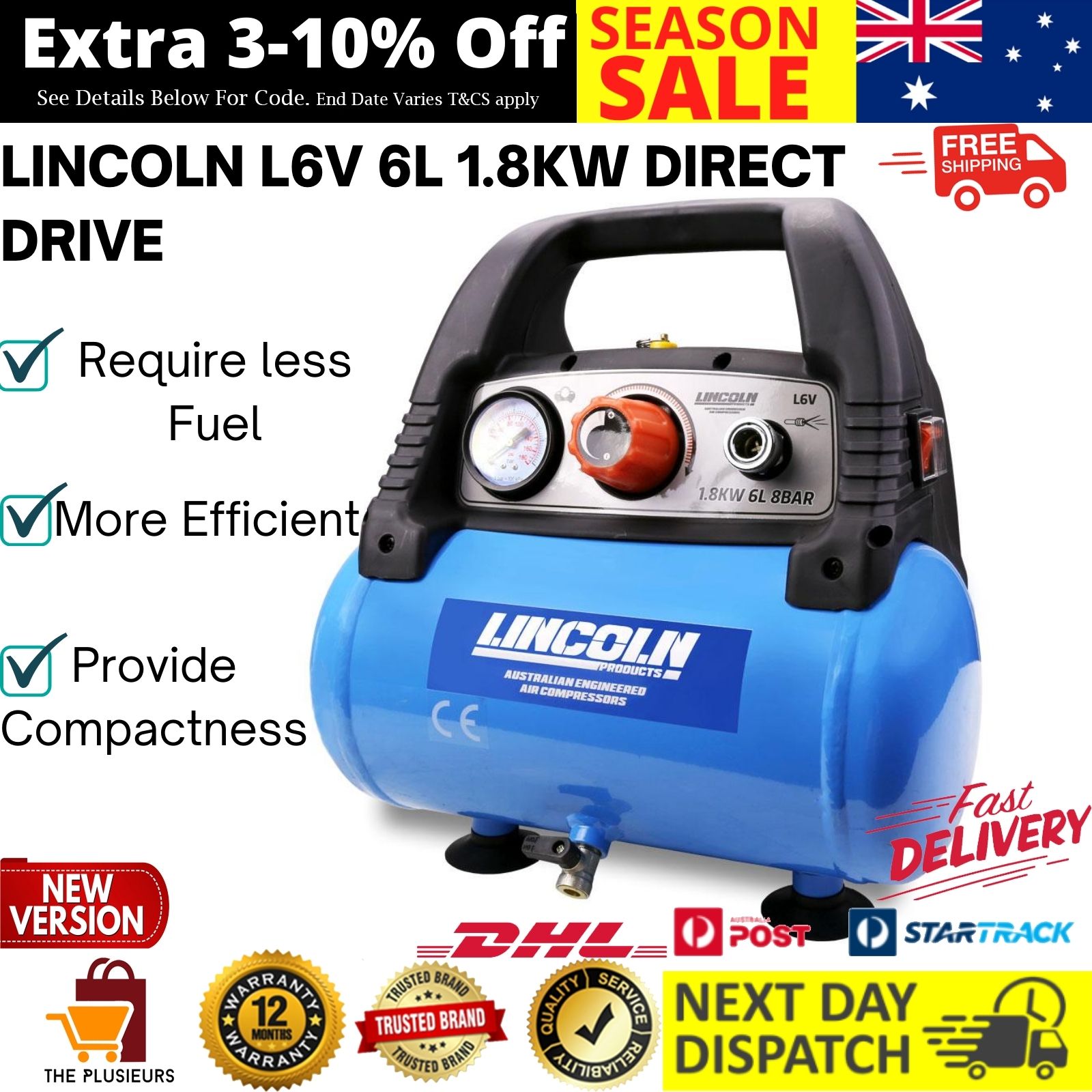 Lincoln 6L 1.8Kw Air Compressor Portable Direct Drive Compact Powerful ...